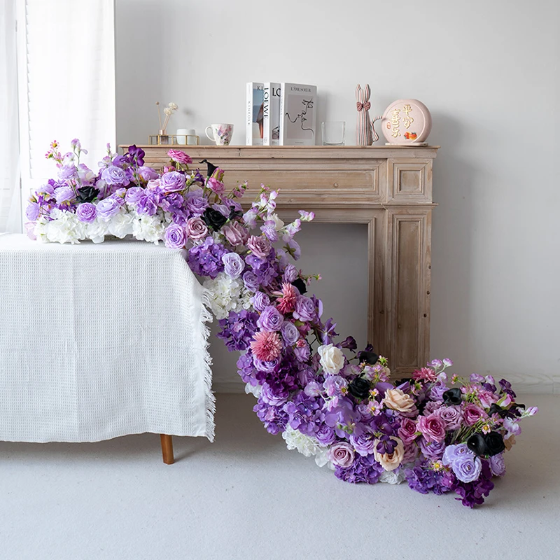 Purple-Wedding-Backdrop-Decor-Rose-Floor-Flower-Runner-Event-Table ...