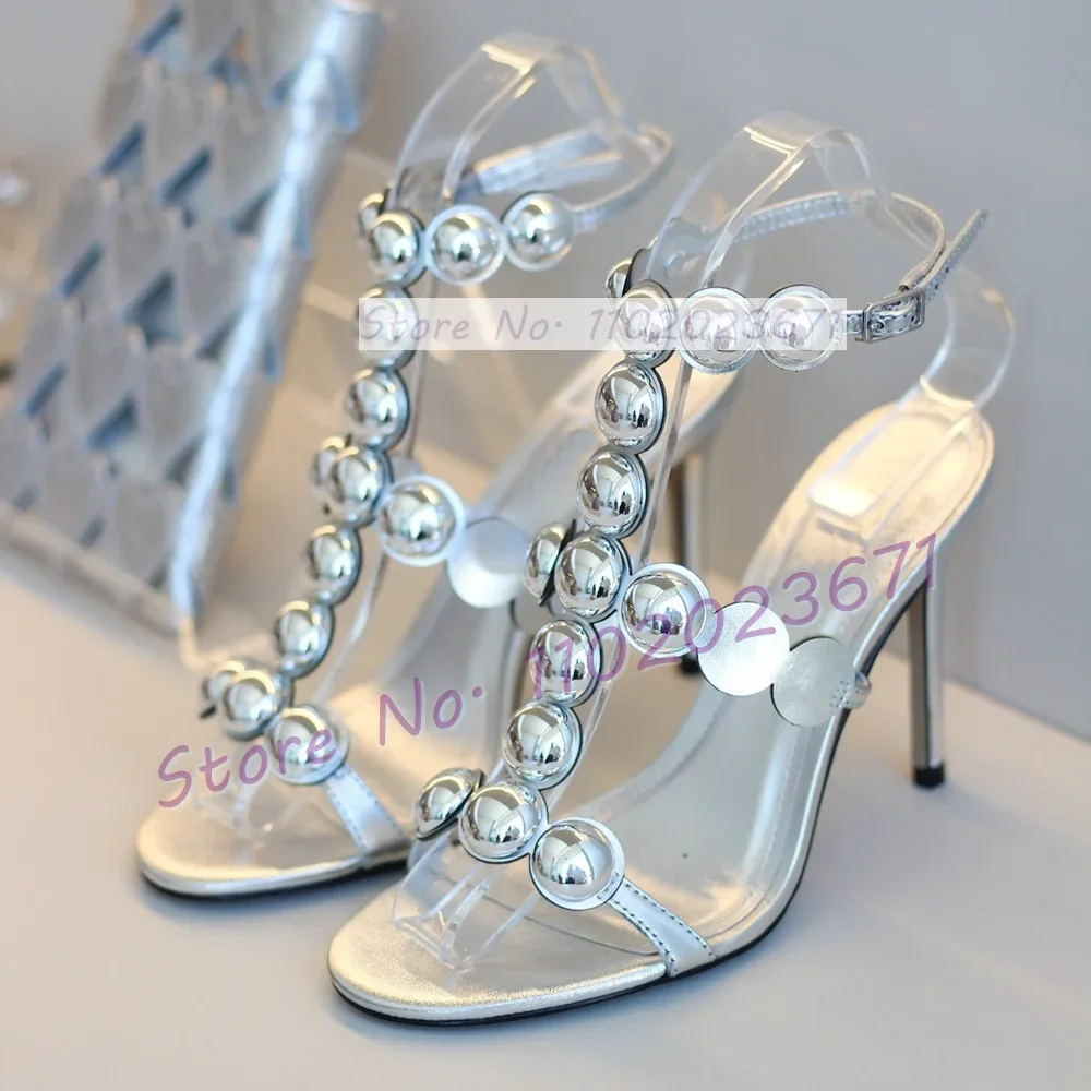 Silver T Strap High Heel Sandals With Semi-Spheres Female Strappy ...