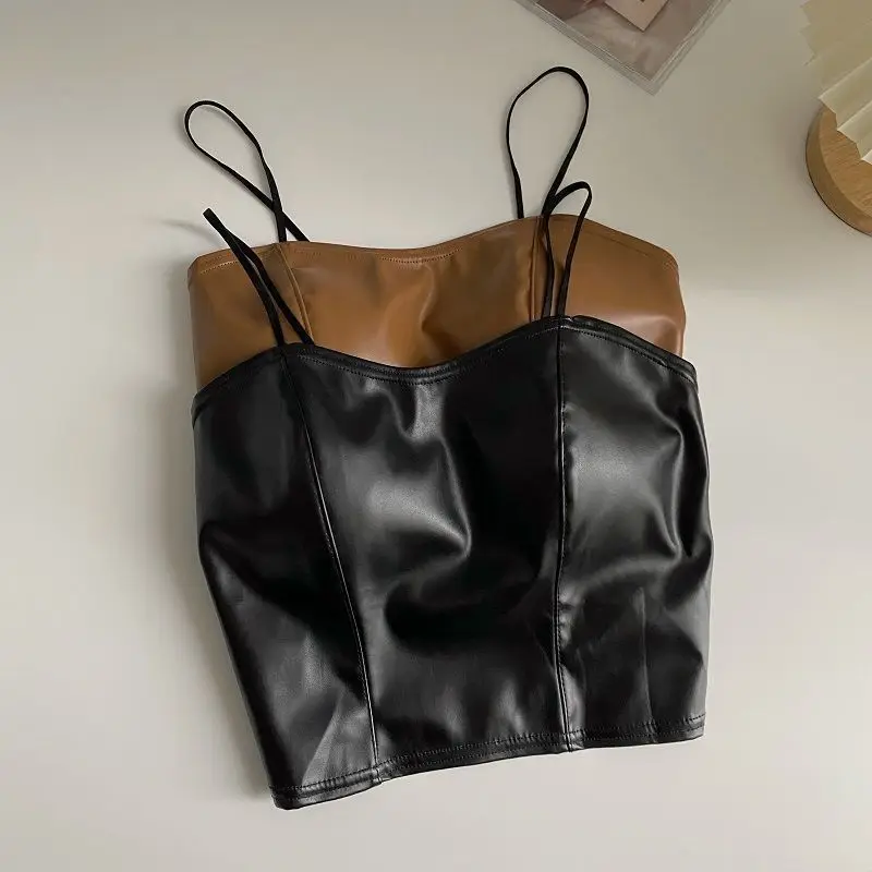 Faux Leather Crop Top Women Camis PU Tank Top Sexy Club Party Outfits ...