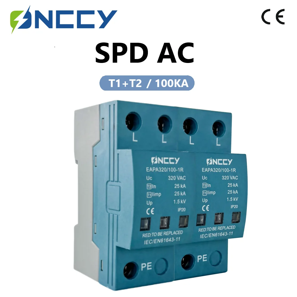 ONCCY 2P Surge Protector 100KA, Surge Arrester T1+T2, AC SPD 220V 275V ...