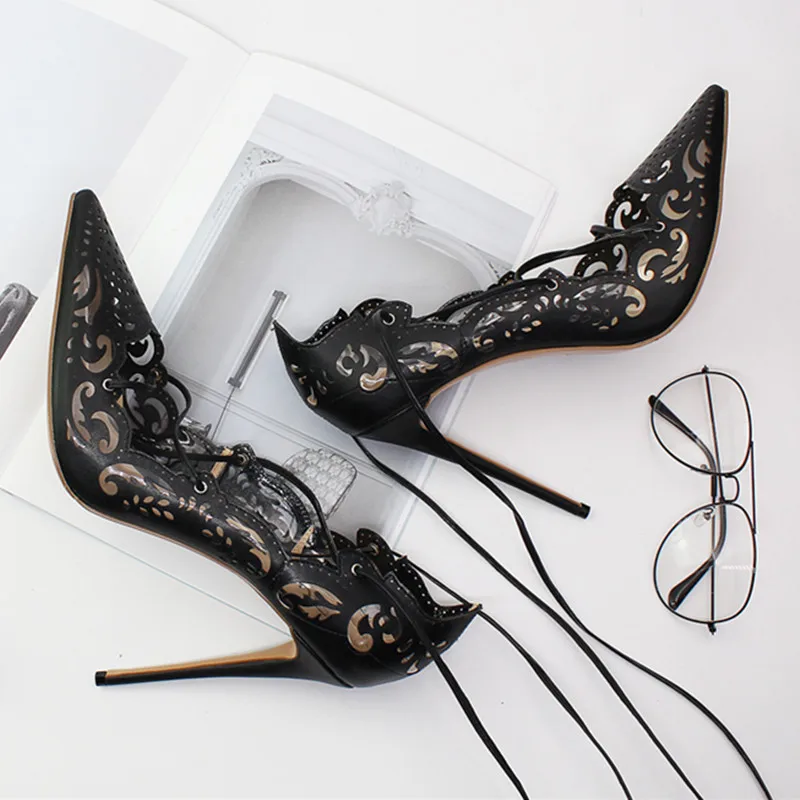 Patent Leather Carved Flowers High Heels Stiletto Heel Lace-up Floral ...