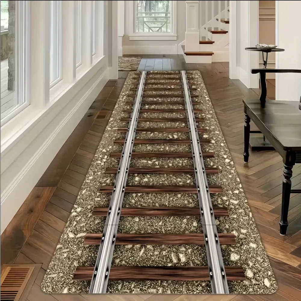 Kitchen Runner Rug Vintage Railroad Track Pattern Carpet Non-Slip Oil ...