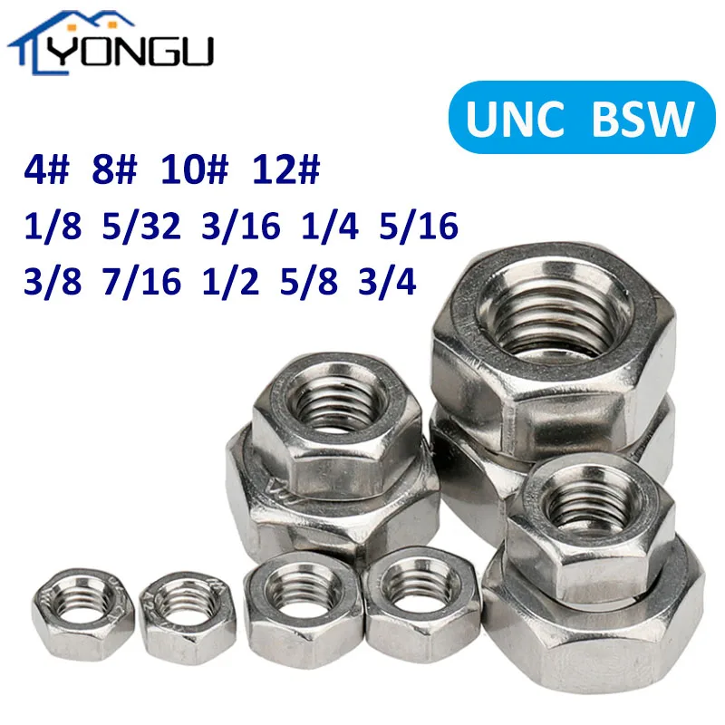 Tuerca hexagonal de acero inoxidable 304, tuercas hexagonales A2 UNC 4 #6 #8 #10 #12 # BSW 1/8 1 ...