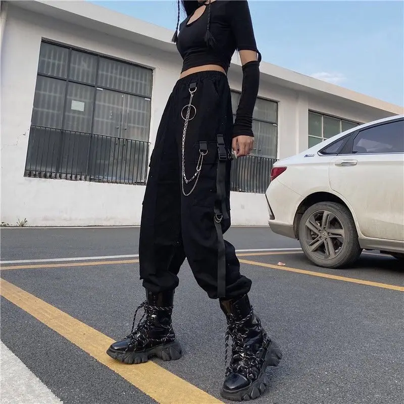 Mulheres-g-tico-harajuku-preto-corrente-carga-cal-as-streetwear-estilo ...