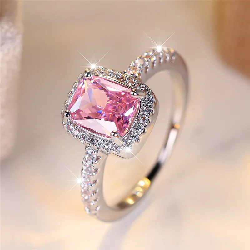 Luxury-Female-Girl-Big-Crystal-Pink-Square-Zircon-Stone-Ring-Silver ...