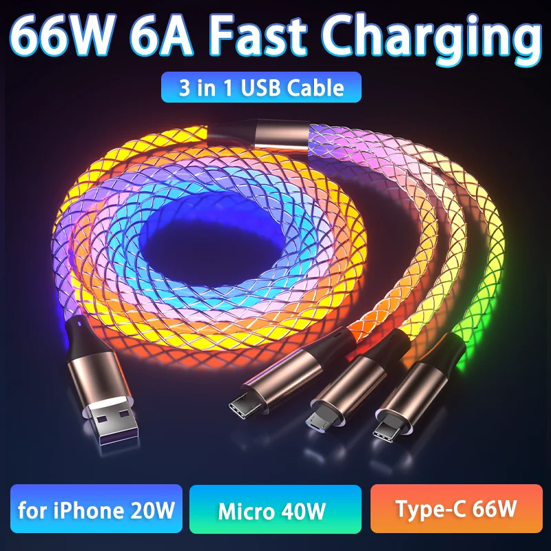 3 in 1 RGB 66W 6A Fast Charging Type C Cable Micro USB Colorful ...