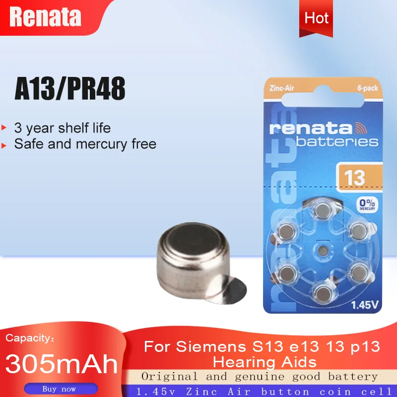 Renata Audífono de aire de Zinc, 6 12 piezas, 1,45 V, tamaño A13, 13A, 13, ZA13, PR48, para ...