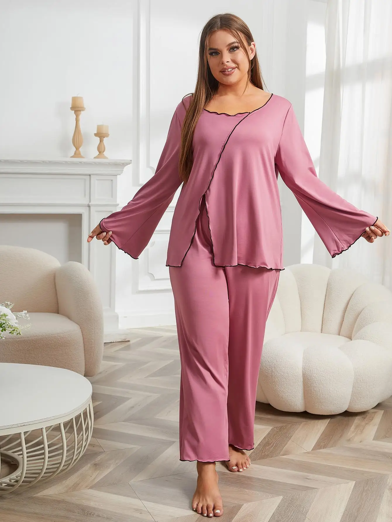 Plus-Size-Lettuce-Trim-Women-Pajama-Set-Solid-Long-Sleeve-Top-Full ...