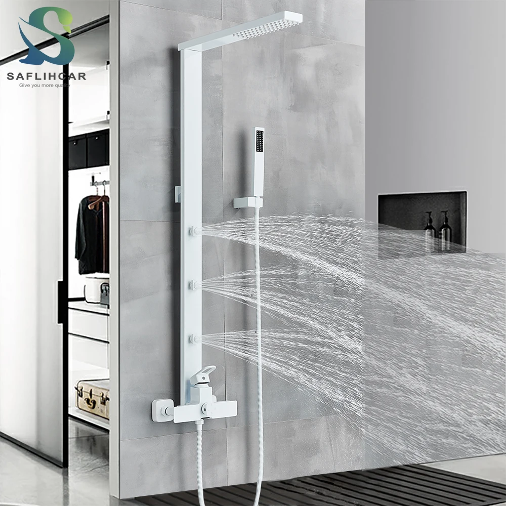 White-Bathroom-Faucet-Rainfall-Shower-Column-Wall-Mount-Back-Spa-Bath ...