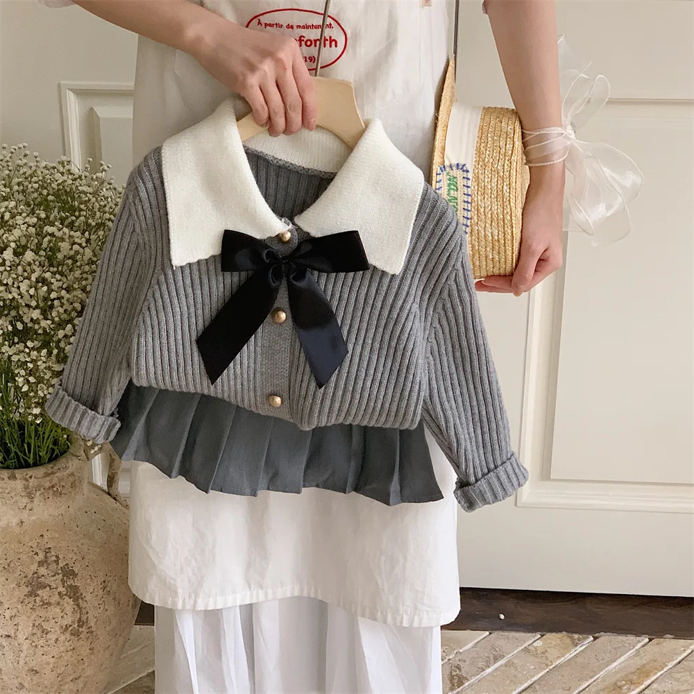 Spring-Autumn-Kid-Girl-2PCS-Clothes-Set-Patched-Lapel-Black-Bow-Striped ...