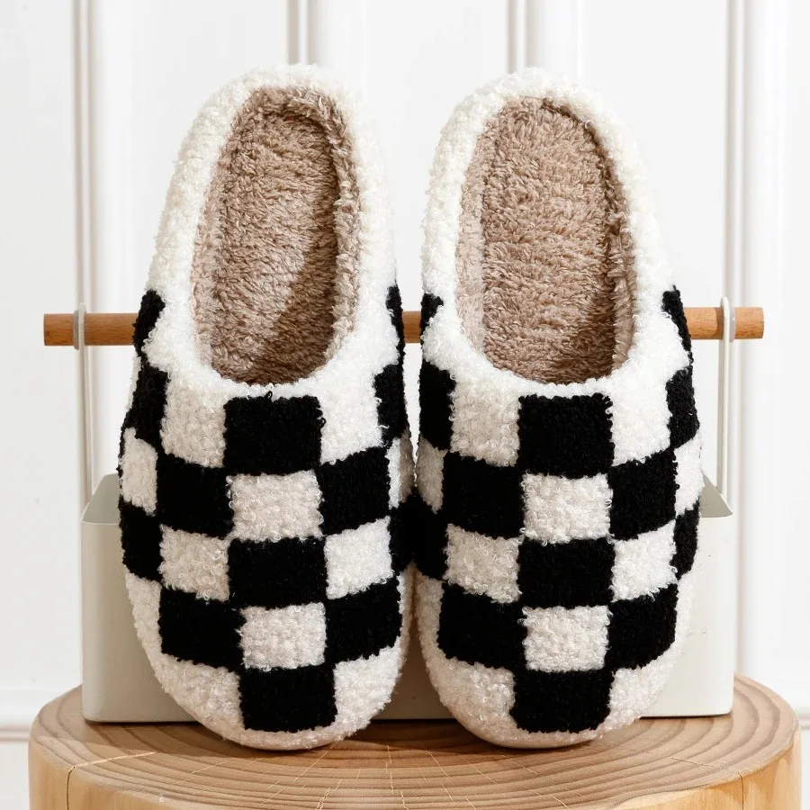 Winter-Fuzzy-Slippers-Fashion-Checker-Indoor-Embroidery-Houseshoes-Cozy ...