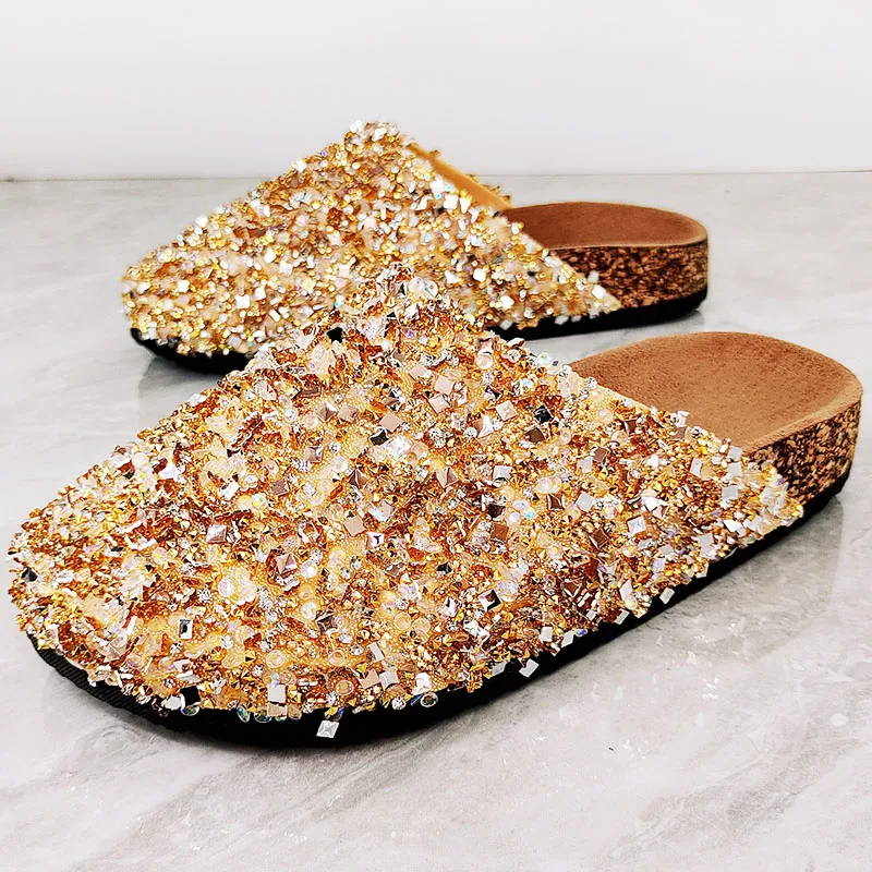 Women Slipper Flat Slippers Luxury Rhinestone Decor Bling Slides Female ...