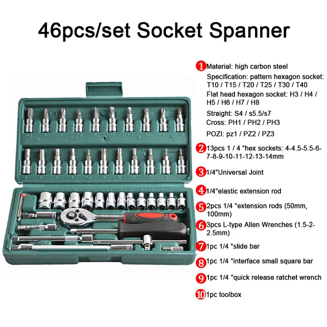 46pcs Socket Ratchet Car Repair Tool Wrench Set Head Ratchet Pawl ...