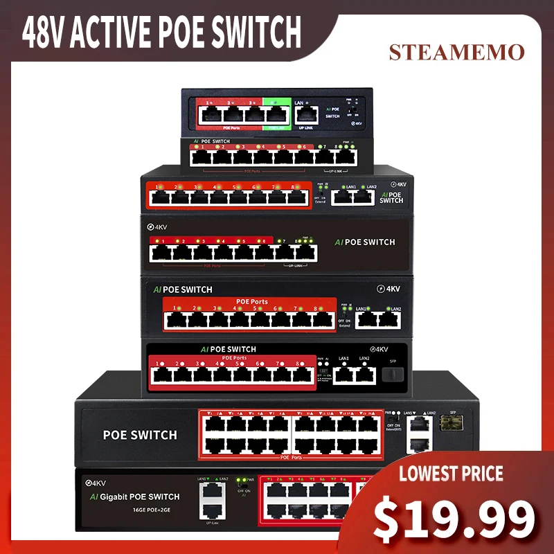 STEAMEMO SSC Series AI POE Switch 48V Active POE Network Switch 90W ...