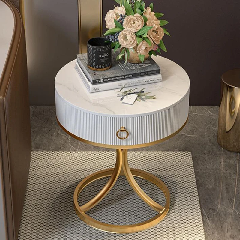 Marble Top Sofa Side Ribbed Round accent Tables with drawer storage. Small end tables. White top ...