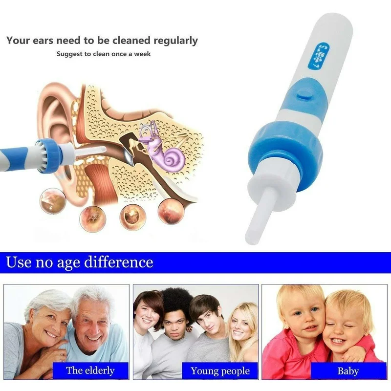 Electric Cordless Safe Vibration Painless Vacuum Ear Wax Pick Cleaner Remover Spiral Ear ...