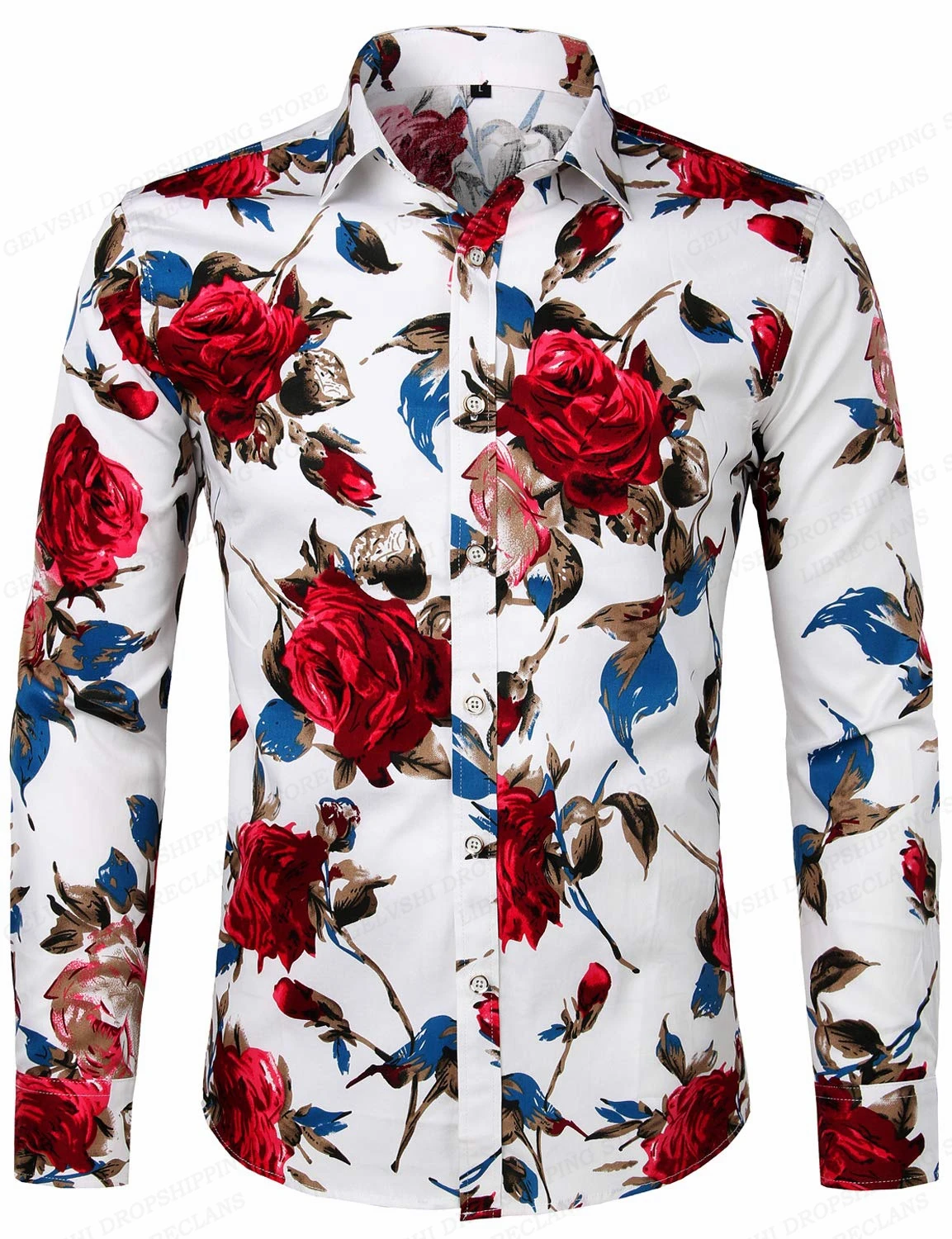 Red-Rose-Hawaiian-Shirts-Floral-Print-Shirts-Men-Fashion-Shirt-Long ...
