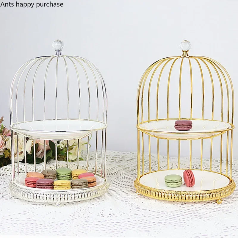 Birdcage-Cake-Stand-Two-Floors-Three-Floors-Ceramic-Plate-Golden-Silver ...