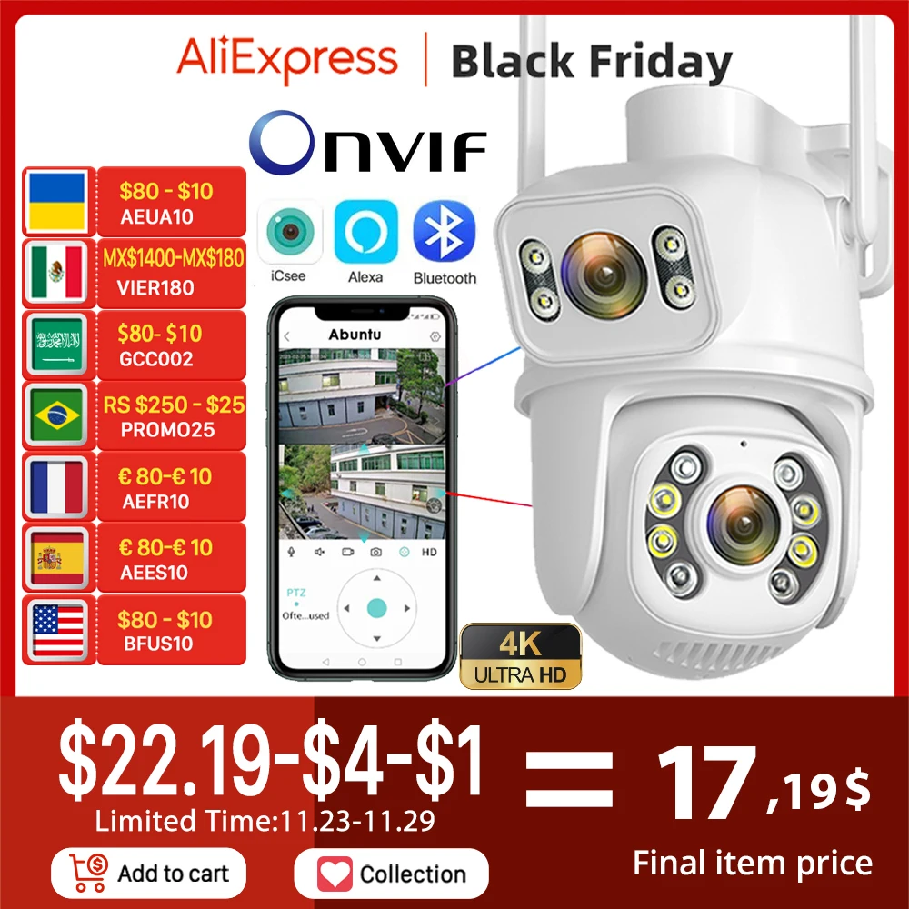 8MP 4K WIFI IP Camera Dual Lens PTZ Surveillance Camera Outdoor ...