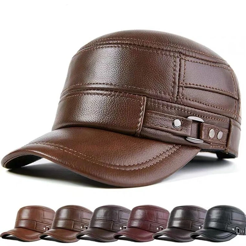 Genuine-Leather-Cap-Men-s-Flat-Caps-Army-Military-Hat-Elegant-Man ...