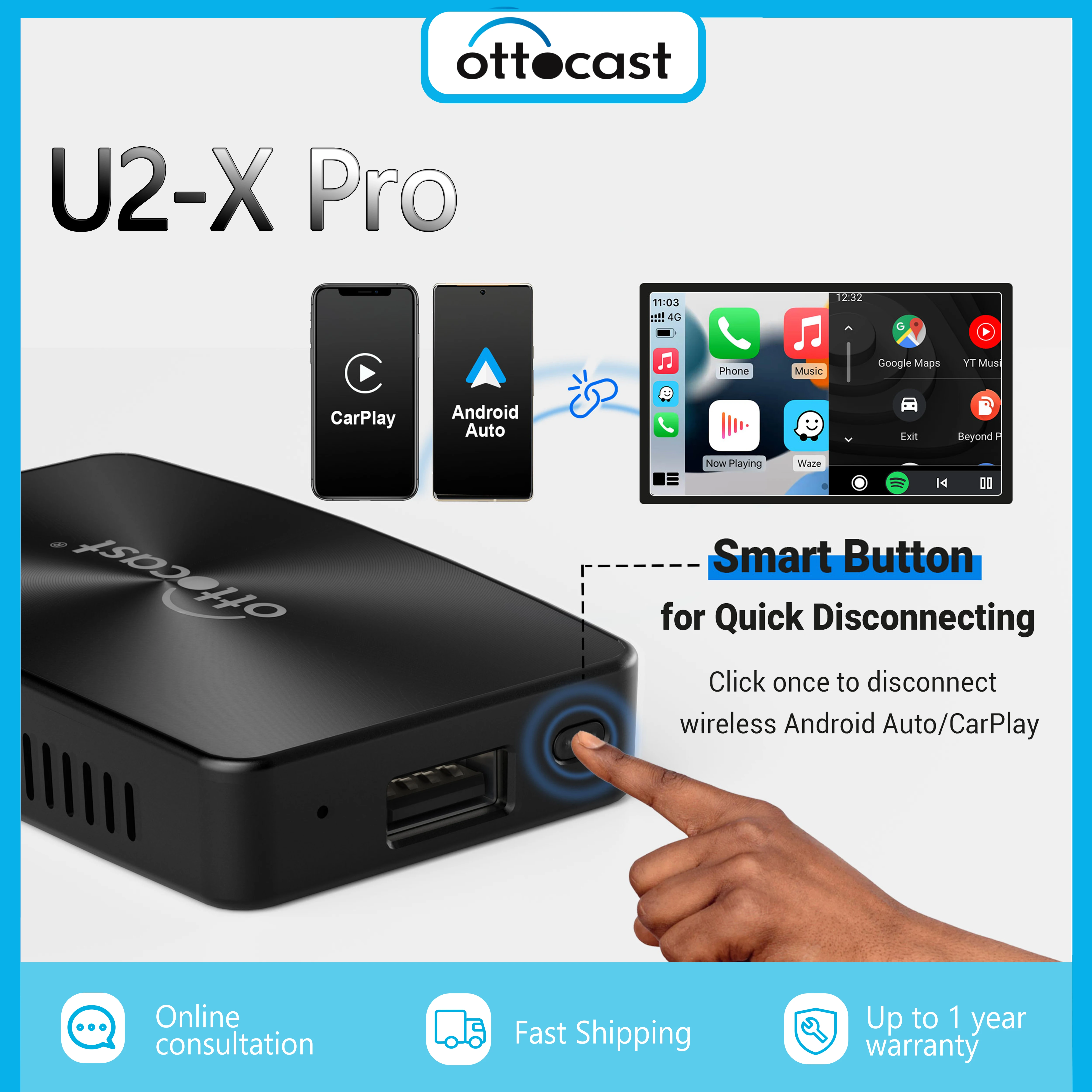 OTTOCAST-adaptador-inal-mbrico-con-Bluetooth-para-coche-sistema-inteligente-2-en-1-con-CarPlay ...
