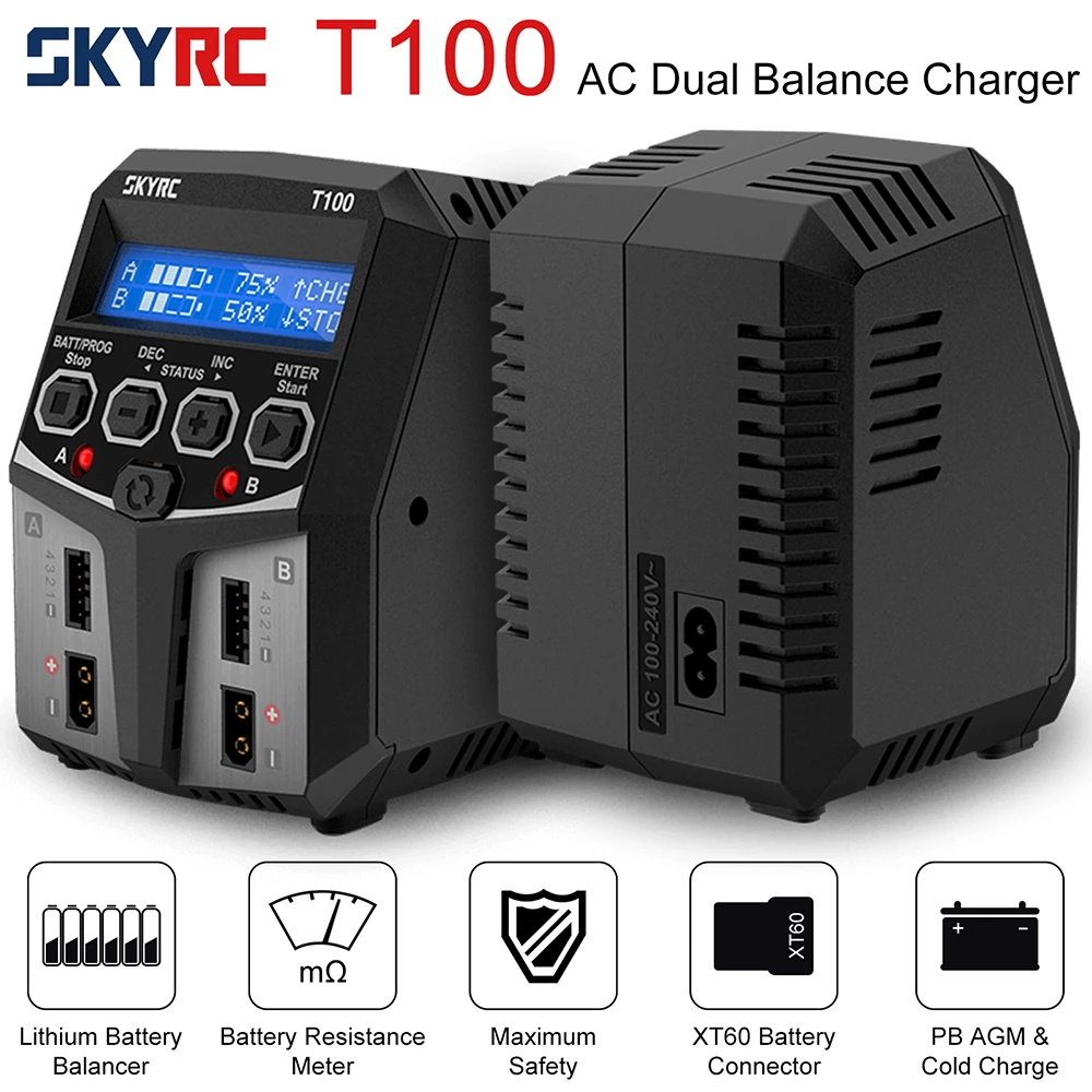 SKYRC T100 AC Lipo Battery Balance Charger Dual 5A 2X50W 2 4S Charger ...
