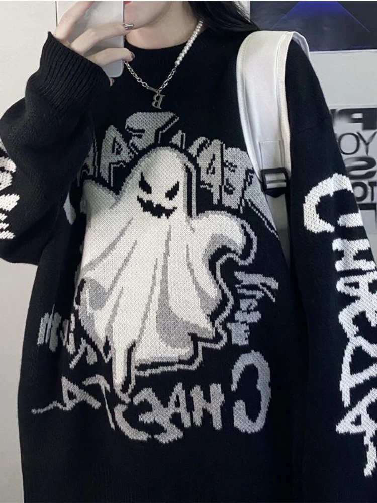 Deeptown Gothic Emo Black Oversized Sweaters Women Harajuku Retro Anime ...