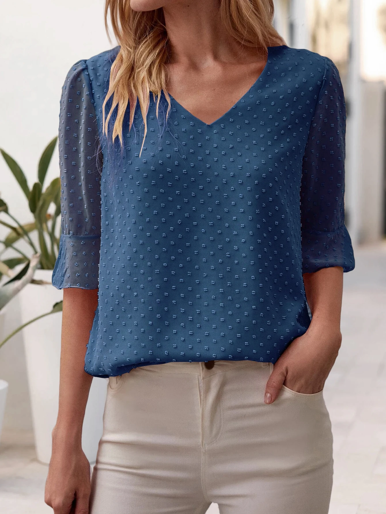 HiloRill-Women-Elegant-Solid-Color-Blouses-Shirts-Casual-Half-Sleeve-V ...