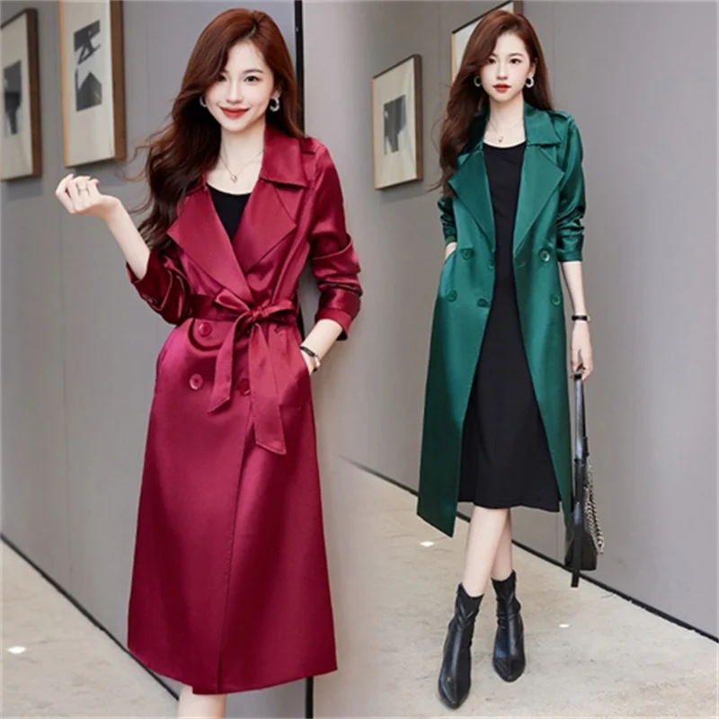 2026 Fashion Imitation Acetic Acid Satin Trench Coat Women's Long ...