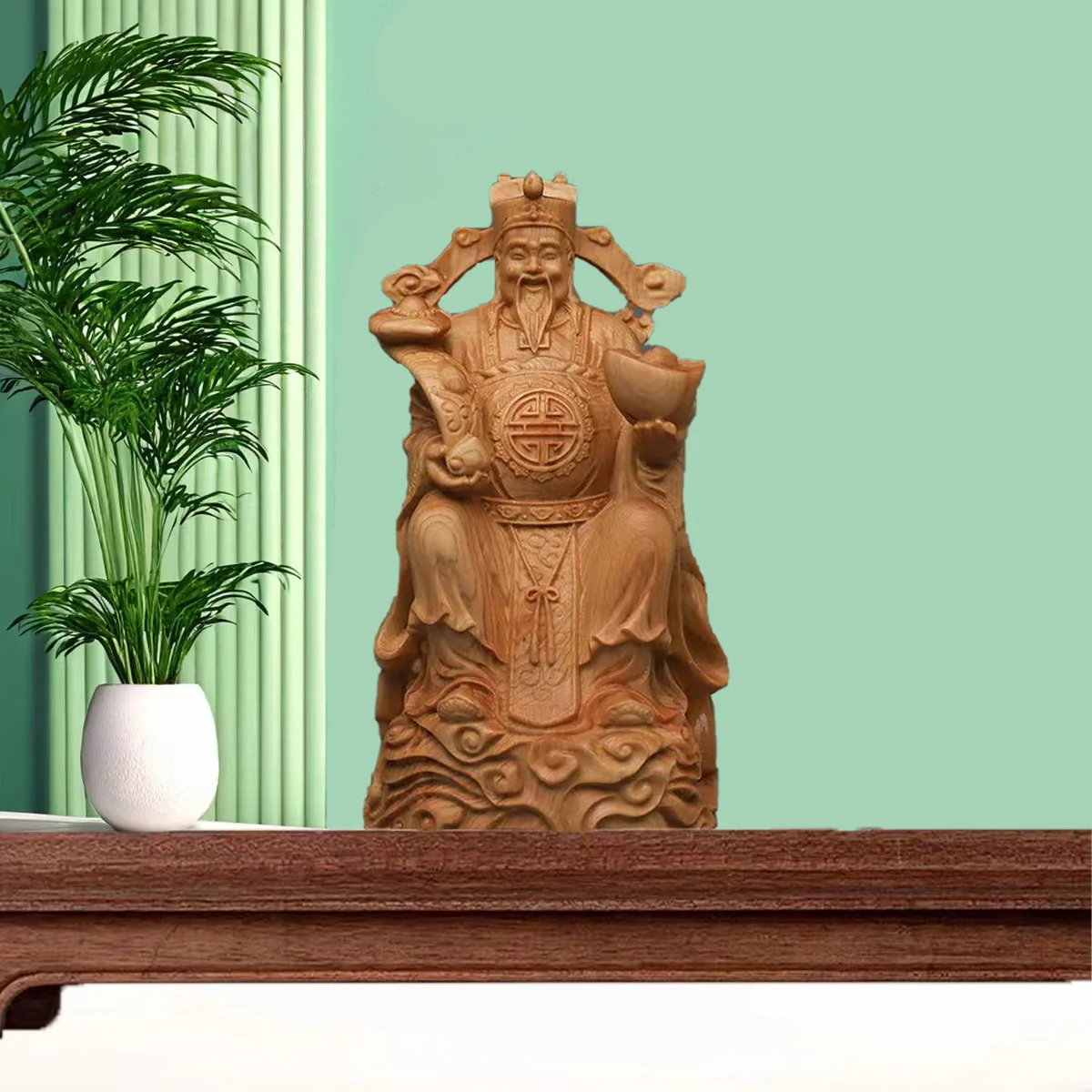 Natural Cypress God of Wealth Figure Statue Hand Carved Solid Wood ...