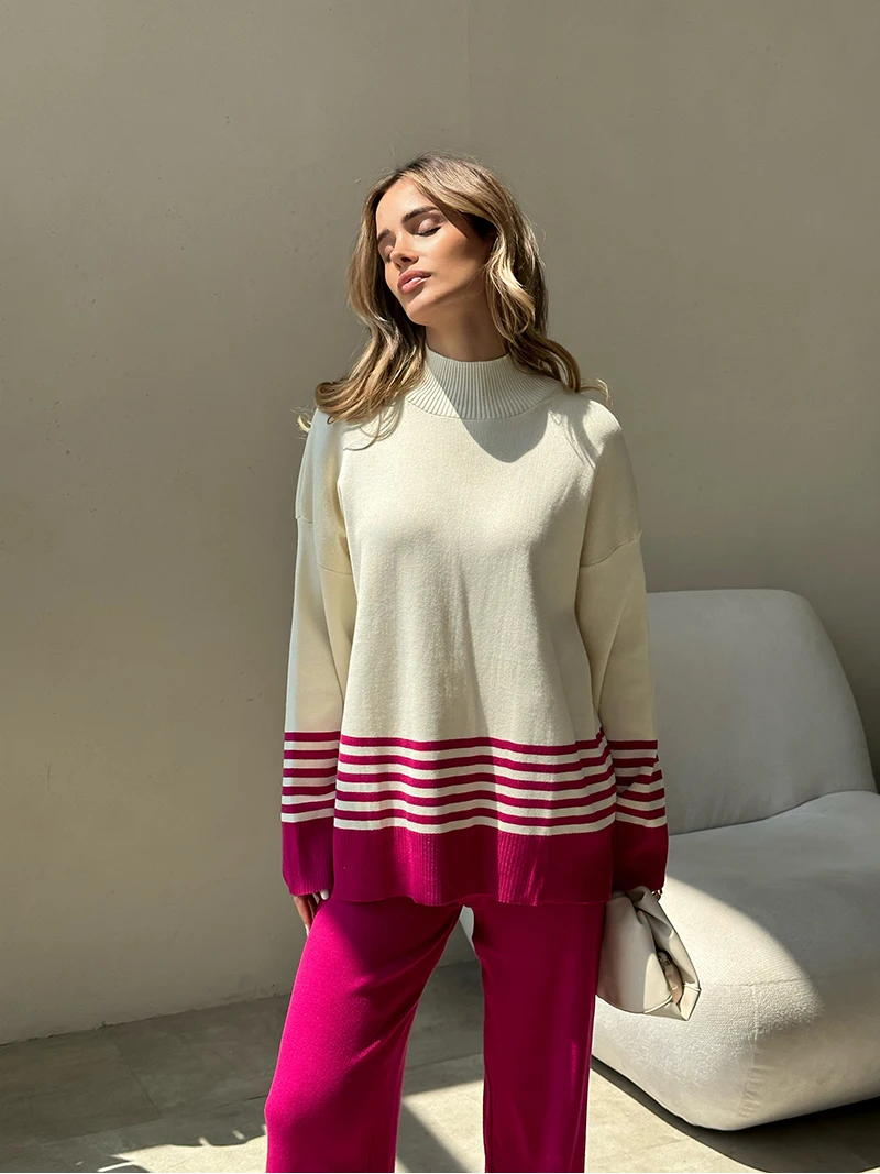 Knitted Two Piece Women Sets Winter Women Knit Suit Striped Turtleneck ...