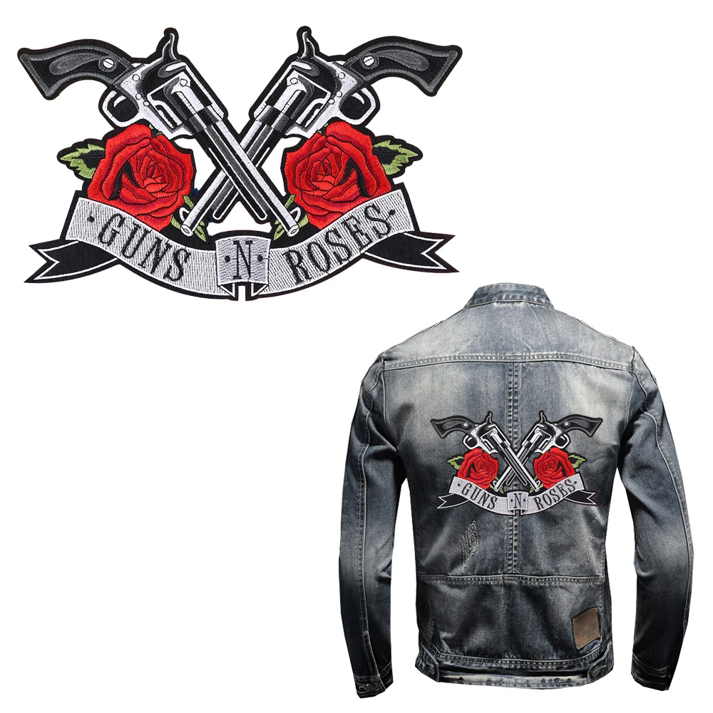 Punk Double Guns Roses Skull Iron On Embroidery Patches Biker Stickers ...