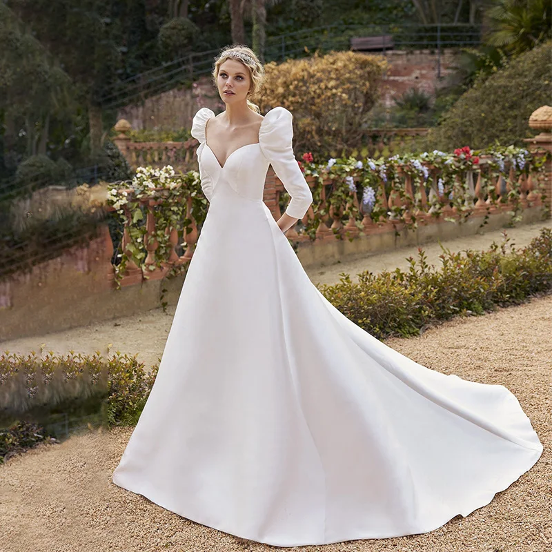 Mordern-V-Neck-Satin-Wedding-Dresses-Puff-Sleeve-Sweep-Train-A-Line ...