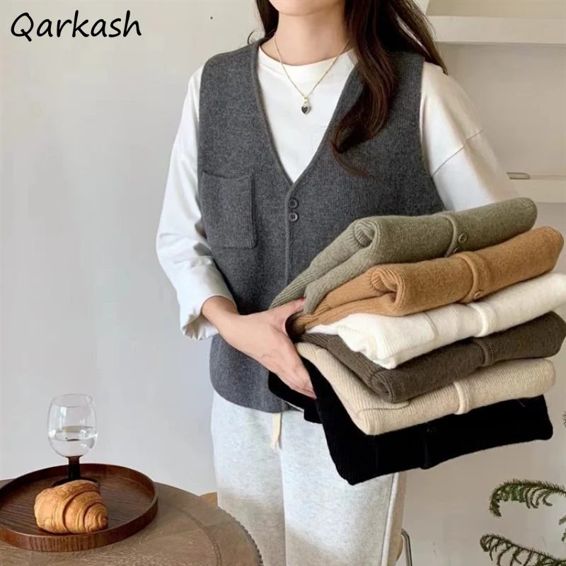 Sweater-Vest-Women-Button-Up-Pockets-Solid-Sleeveless-Simple-Outwear ...