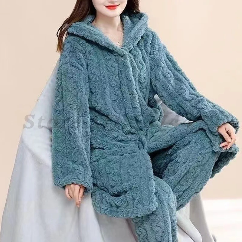 Coral-Fleece-Hooded-Warm-Home-Wear-Set-New-Sleepwear-Autumn-Winter ...