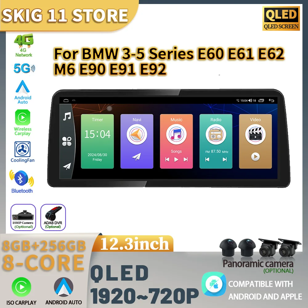 12.3" For BMW 3-5 Series E60 E61 E62 M6 E90 E91 E92 Android 14 Car ...