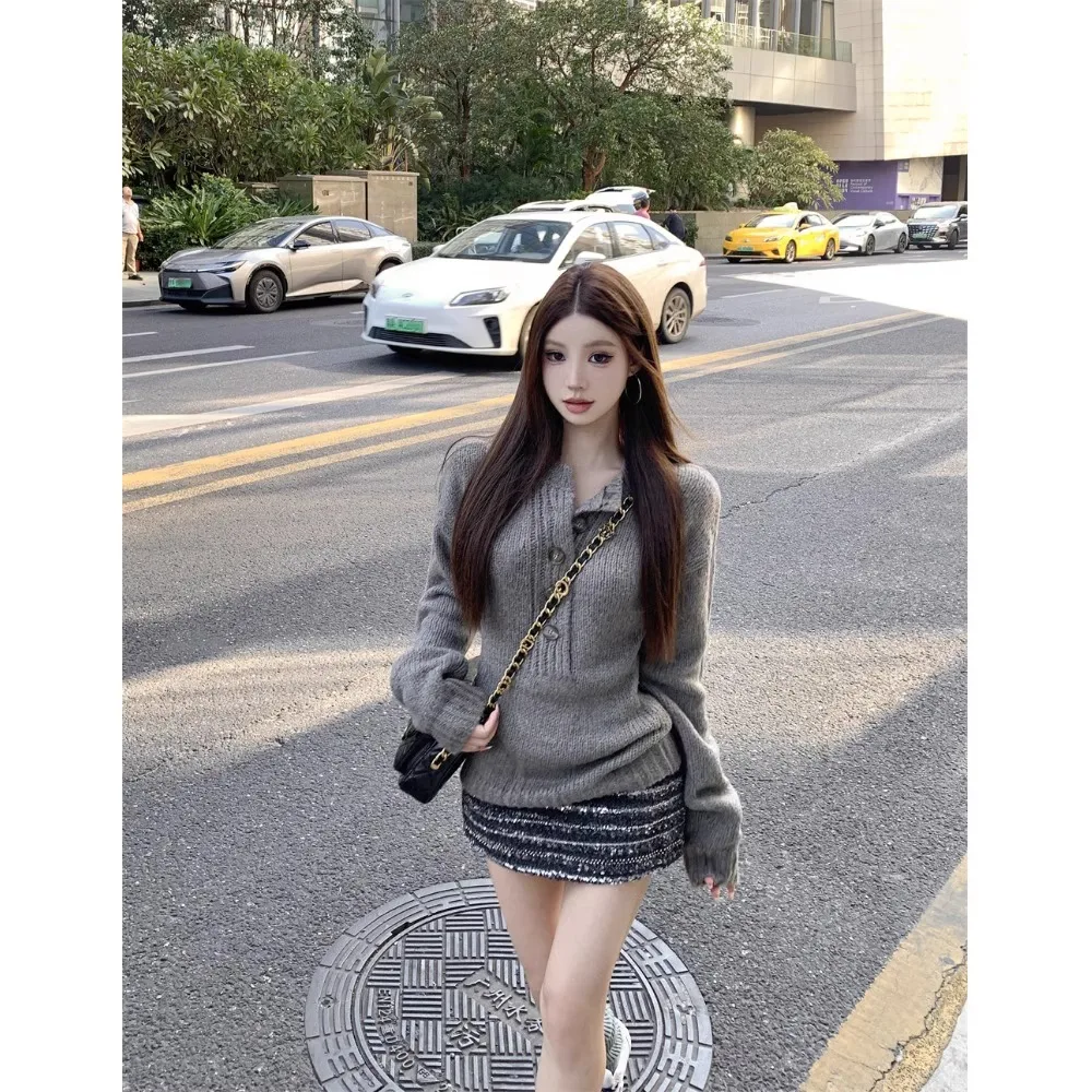 Retro ey Long Sve Knitted Sweater Women's Autumn Winter Slim Fit ...