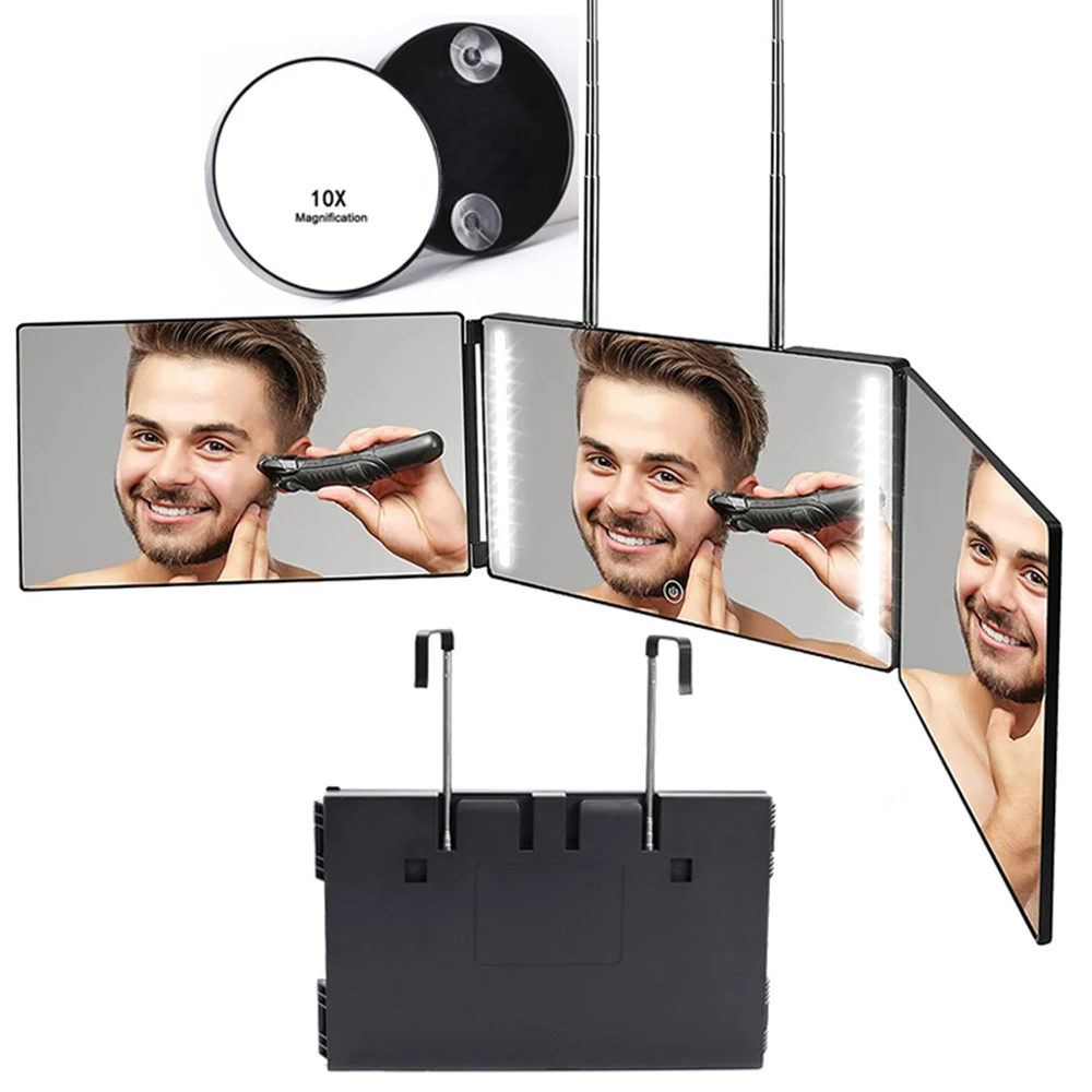 3 Way Mirror For Self Hair Cutting 360° Mirror With Led Lights, Trifold ...