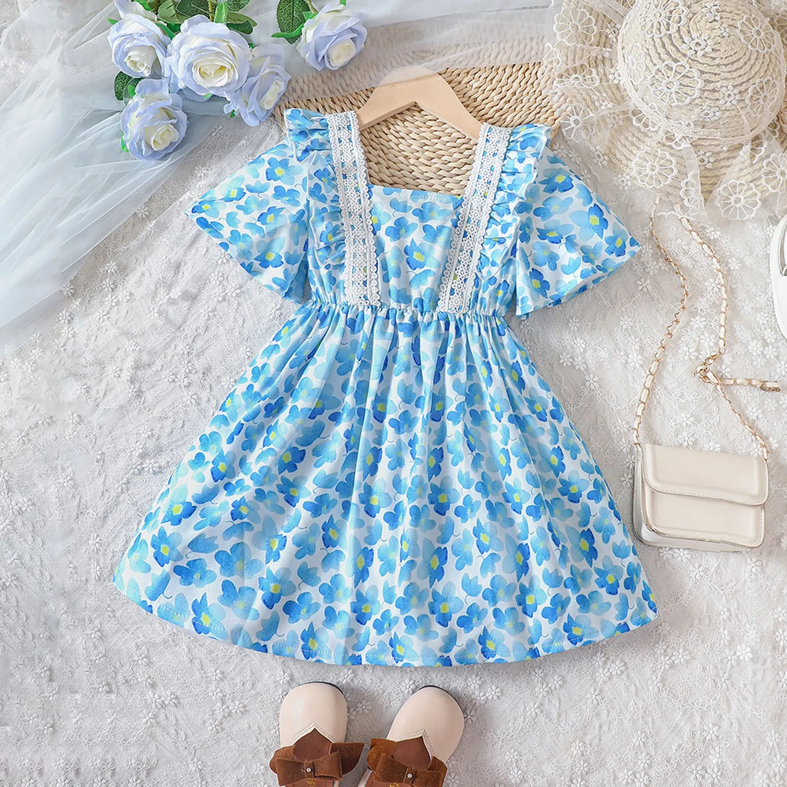 Girls' Summer Lace Sleeve Square Neck Fragmented Flower Pattern Dress ...