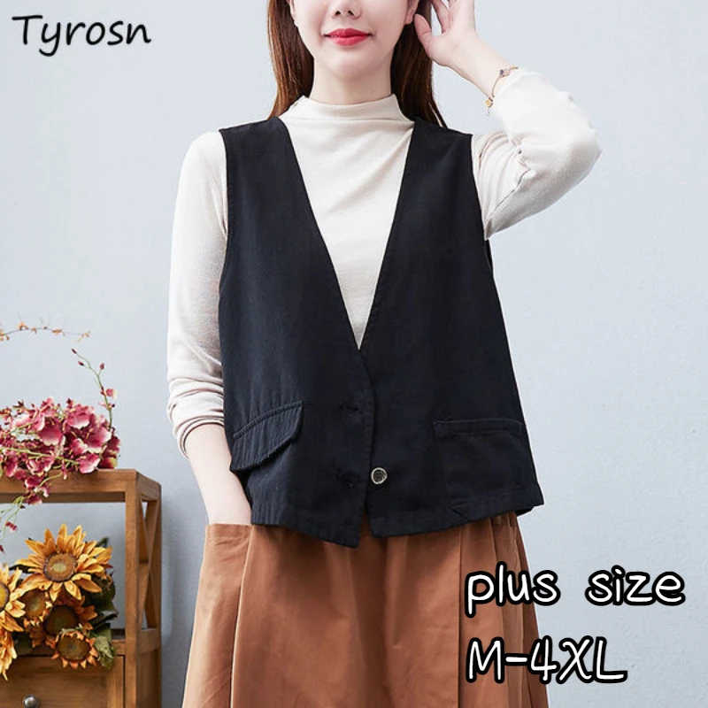 Vests-Women-Solid-Pockets-M-4XL-All-match-Simple-Daily-Korean-Style ...