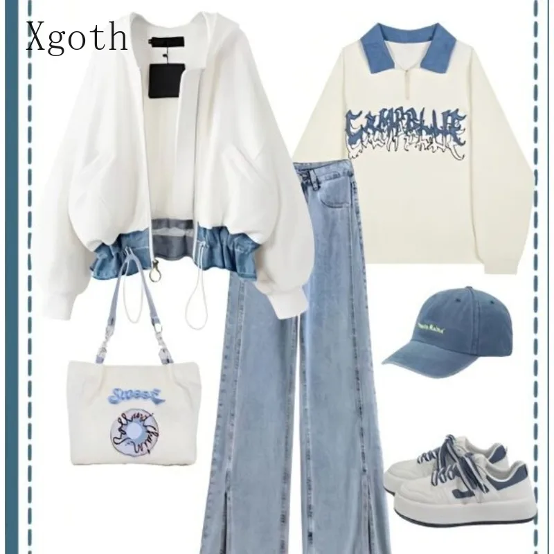 Xgoth-Chic-Jeans-Set-Lapel-Patchwork-Sweatshirts-Hooded-Loose-Cardigans-Tops-Wide-Leg-Split ...