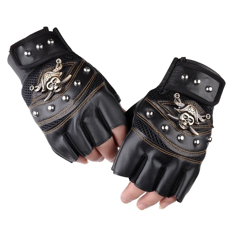 New-Style-3-Colors-Skulls-Rivet-PU-Leather-Fingerless-Gloves-Men-Women ...
