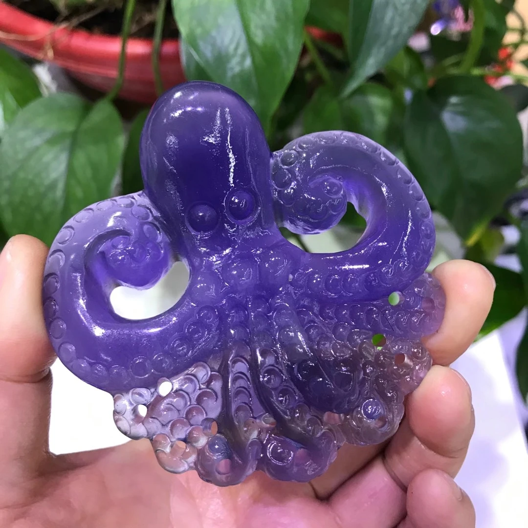 New product Natural Purple Fluorite Octopus Carving Crystal Gemstone ...