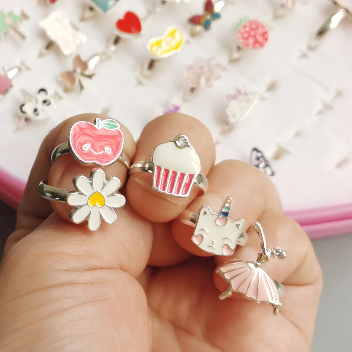 5pcs card Lovely Children's Cartoon Rings for girls Candy Flower Shape ...