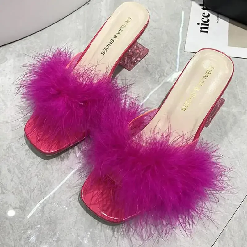 New Summer Fluffy Peep Toe Sexy High Heels Women Shoes Fur Feather Lady ...