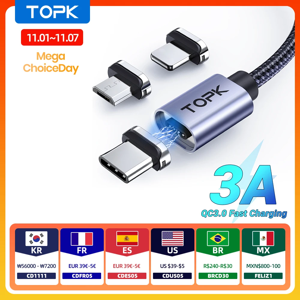 TOPK-Magnetic-Charging-Cable-3A-Micro-USB-Type-C-Cable-with-Led-Light ...
