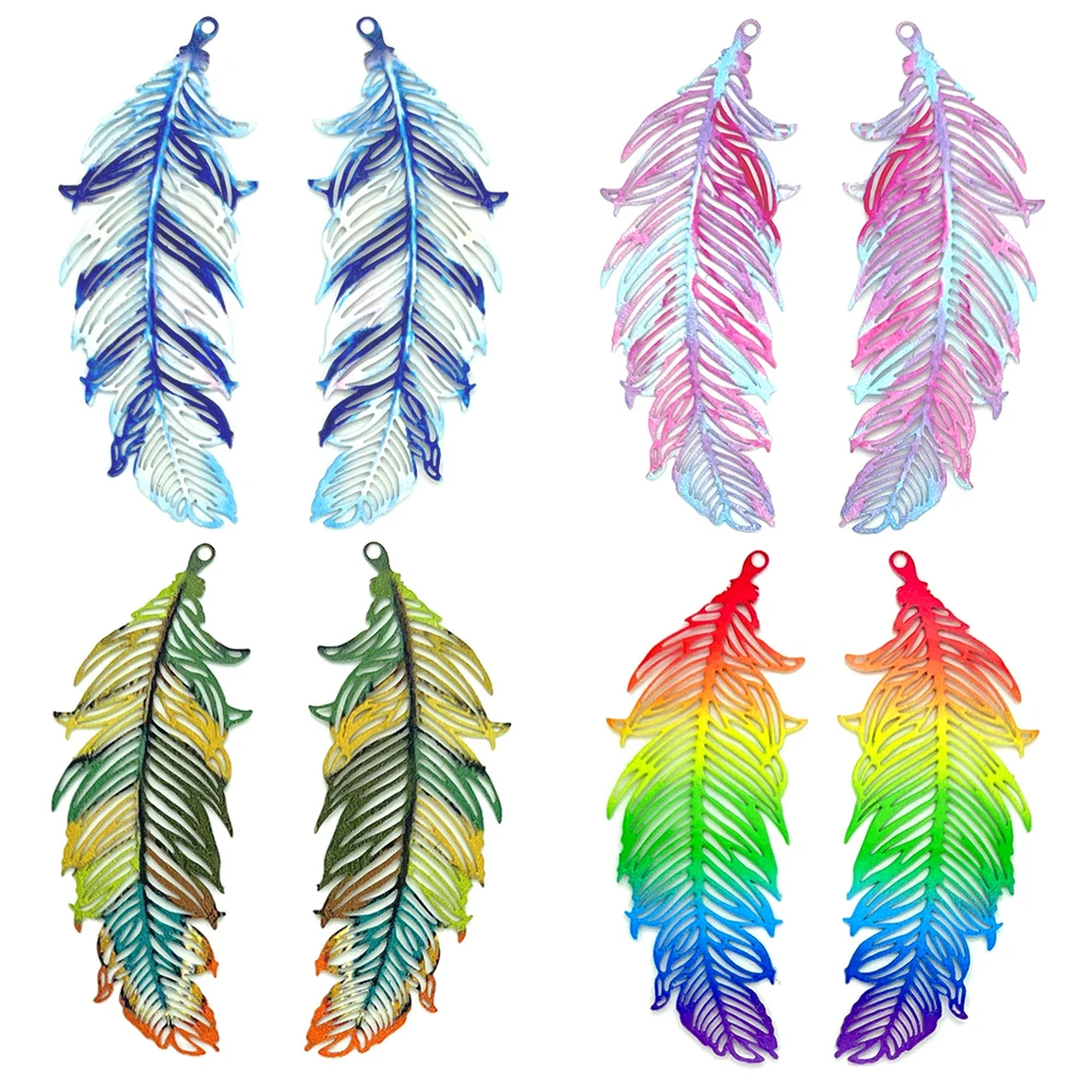 6pcs 19*47mm Multicolor Filigree Feather Charms Exquisite Hollow Plume ...
