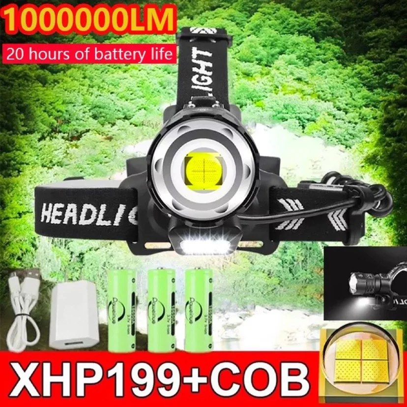 1000000LM XHP199 potente faro Led XHP160 USB recargable faro 18650 linterna de cabeza 4 modos ...