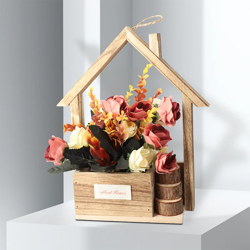 Wood-Cabin-Flower-Pot-Table-Decoration-Wall-mounted-Wooden-Flowerpot ...