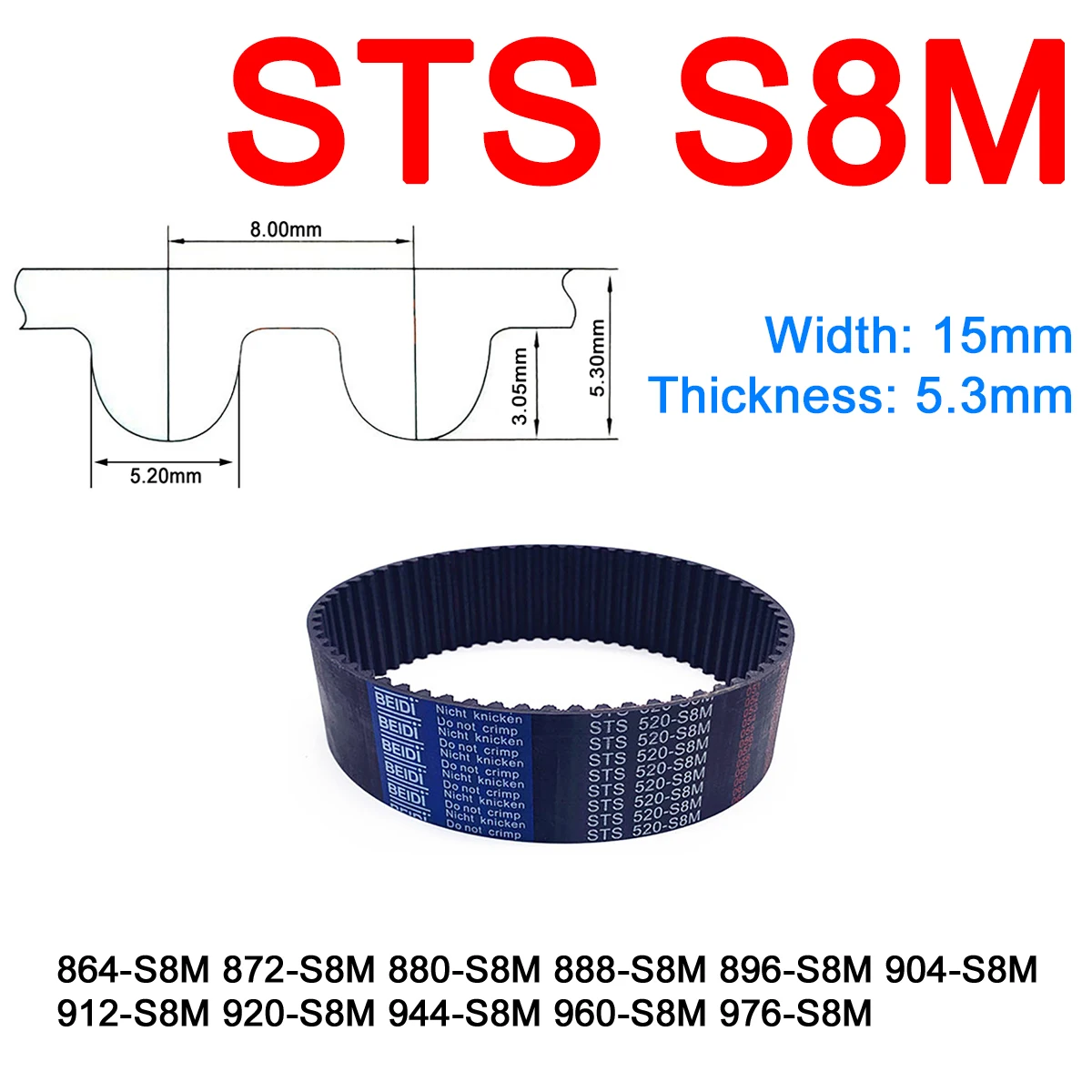 1pc Width 15mm S8m Rubber Arc Tooth Timing Belt Pitch Length 864 872 880 888 896 904 912 920 944 ...